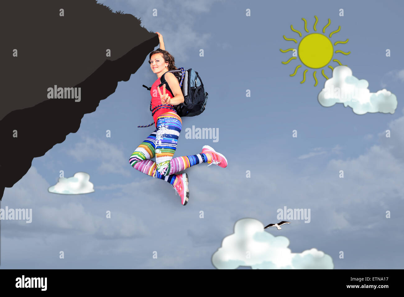 woman climbing in the mountains in unrealistic cartoon style Stock ...