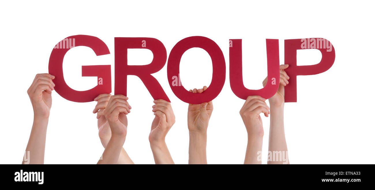 Many People Hands Holding Red Straight Word Group Stock Photo - Alamy