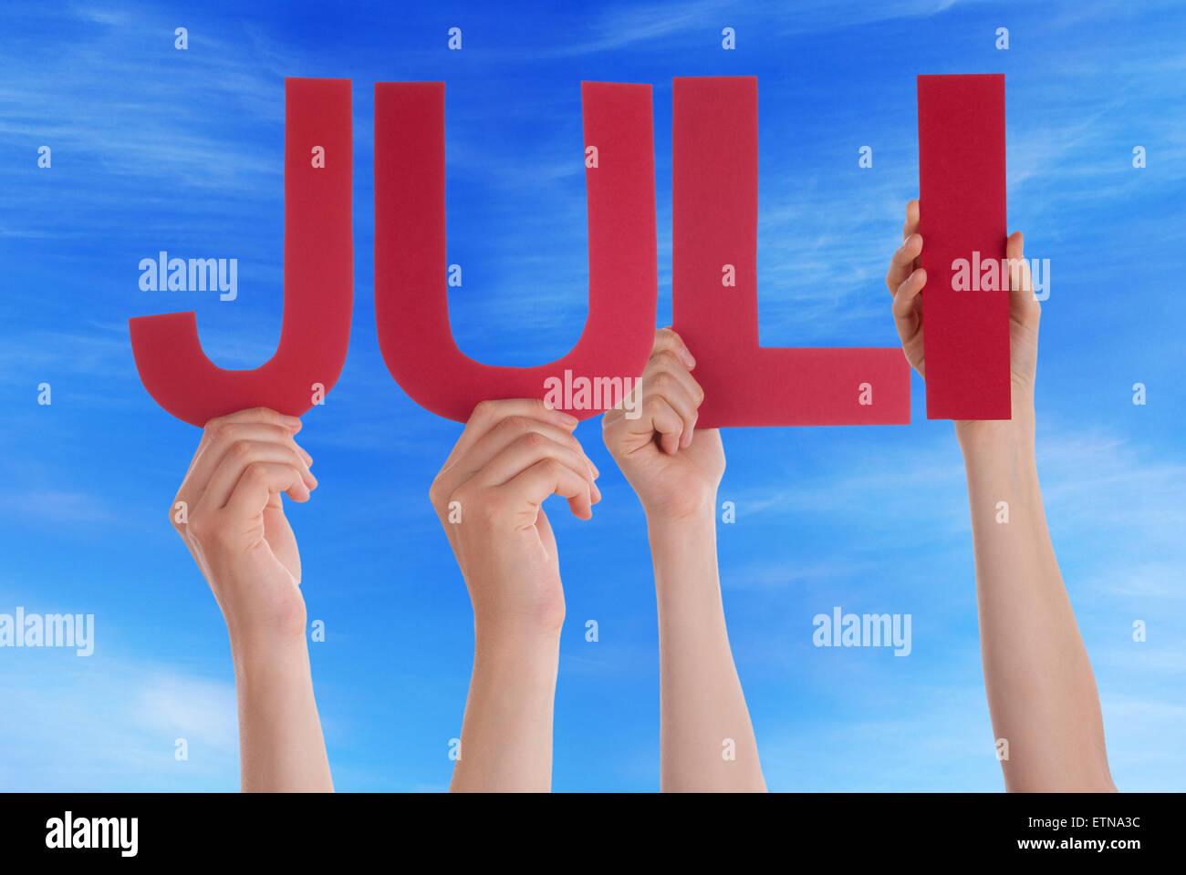 People Holding Straight Juli Means July Blue Sky Stock Photo - Alamy