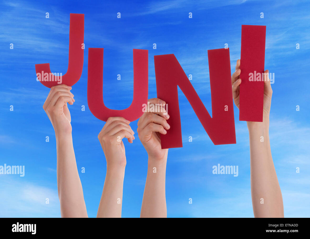 People Hold German Word Juni Means June Blue Sky Stock Photo - Alamy