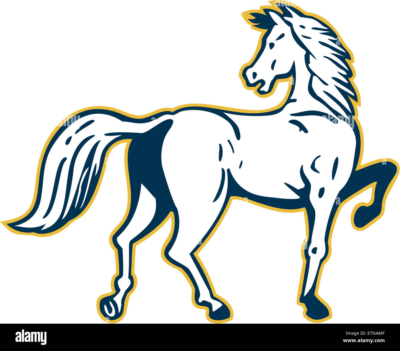 Illustration of a horse prancing viewed from rear set on isolated white ...