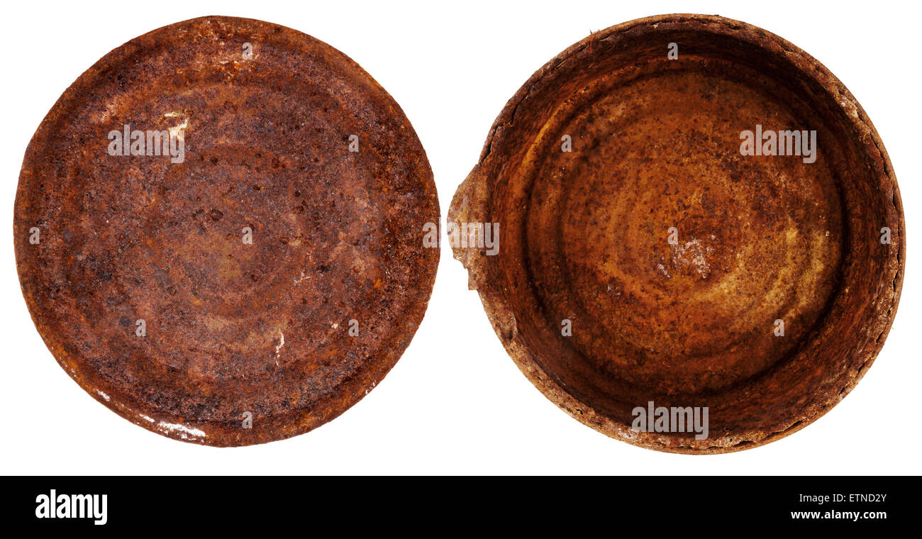 Top and bottom of an old rusty tin can isolated on white Stock Photo ...
