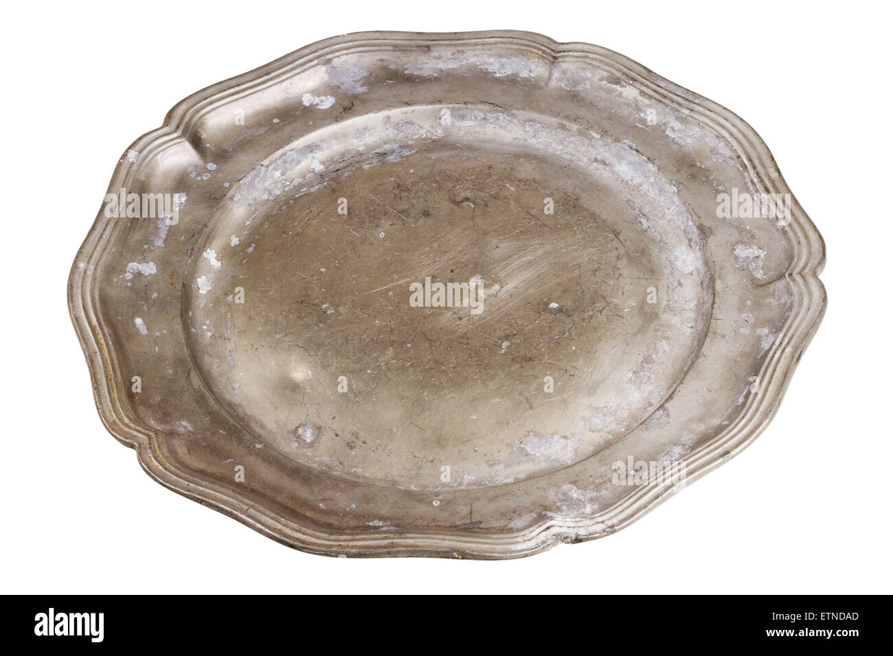 Old pewter plate isolated on white background Stock Photo - Alamy