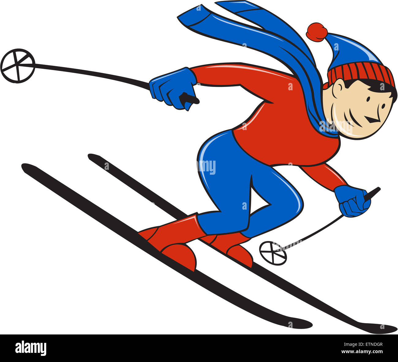 Cartoon style illustration of a skier skiing viewed from side set on ...