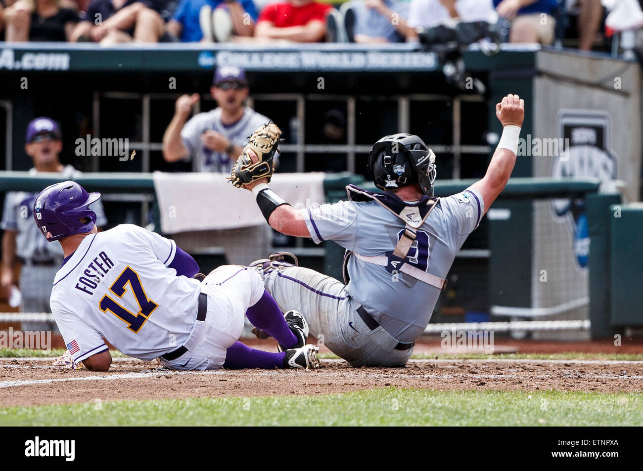 Omaha, NE, USA. 14th June, 2015. TCU catcher Evan Skoug #9 shows the ...
