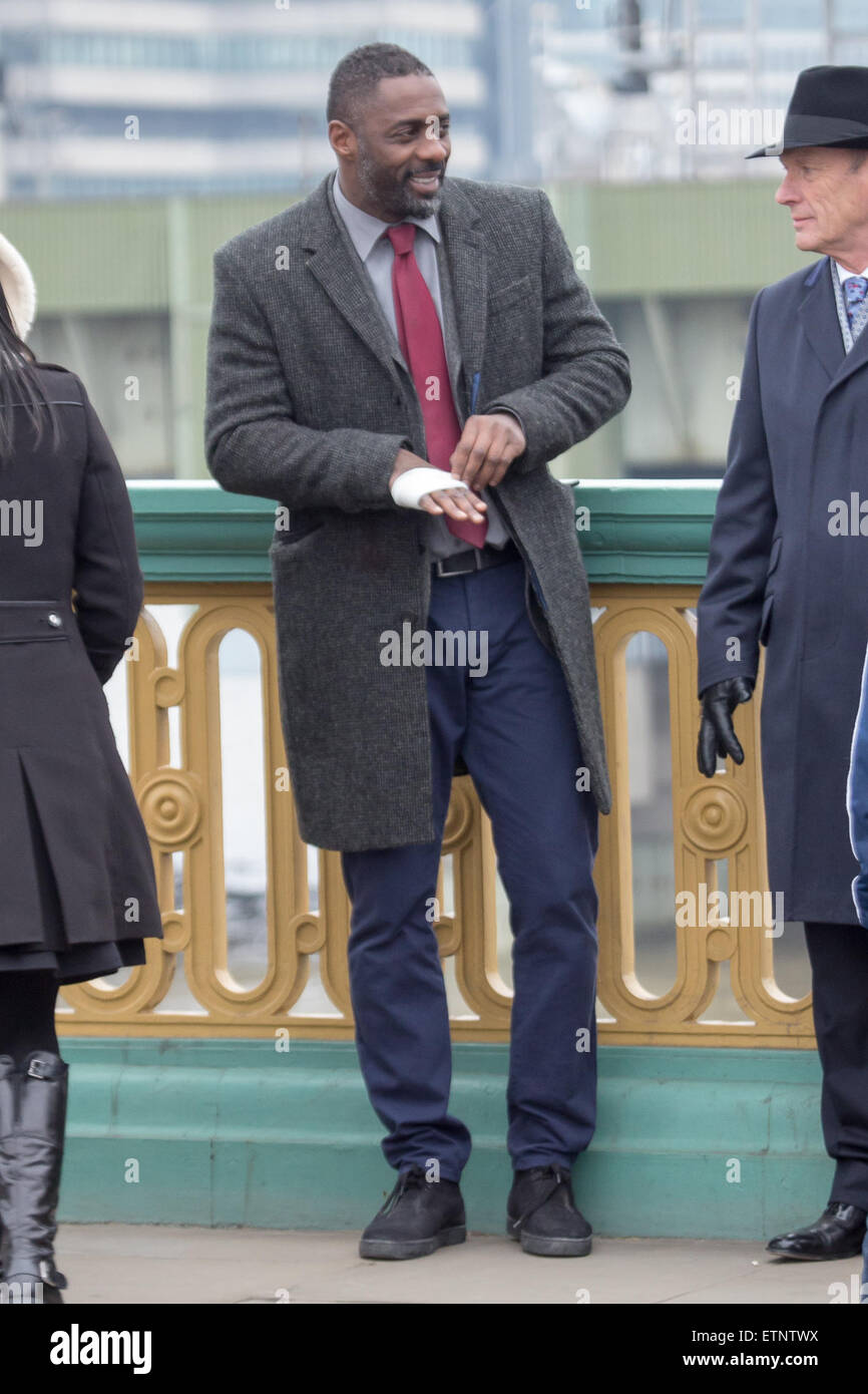 Idris Elba is seen with a hand injury whilst filming 'Luther' on ...