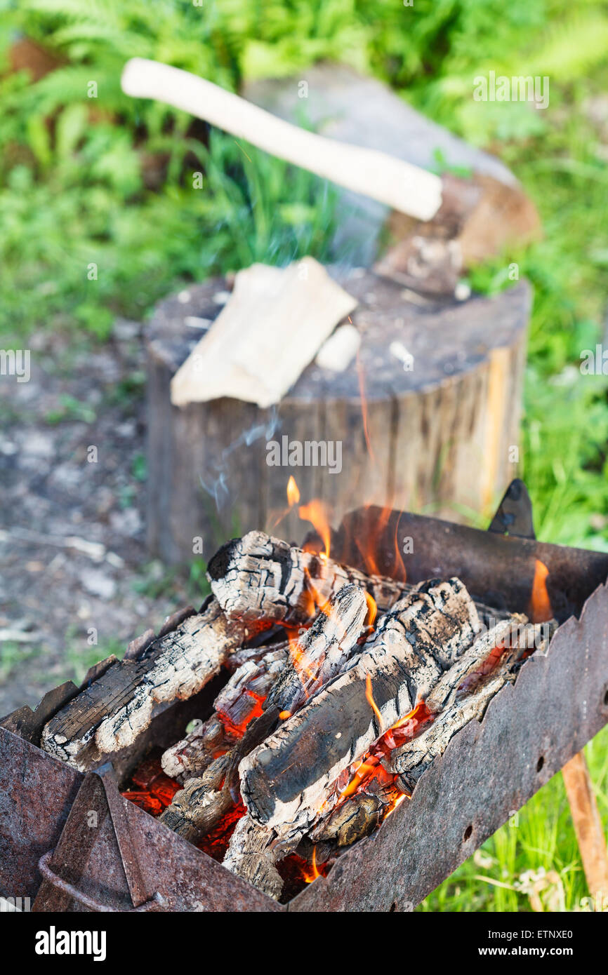 firewood burning in old brazier with ax in stump on background Stock ...