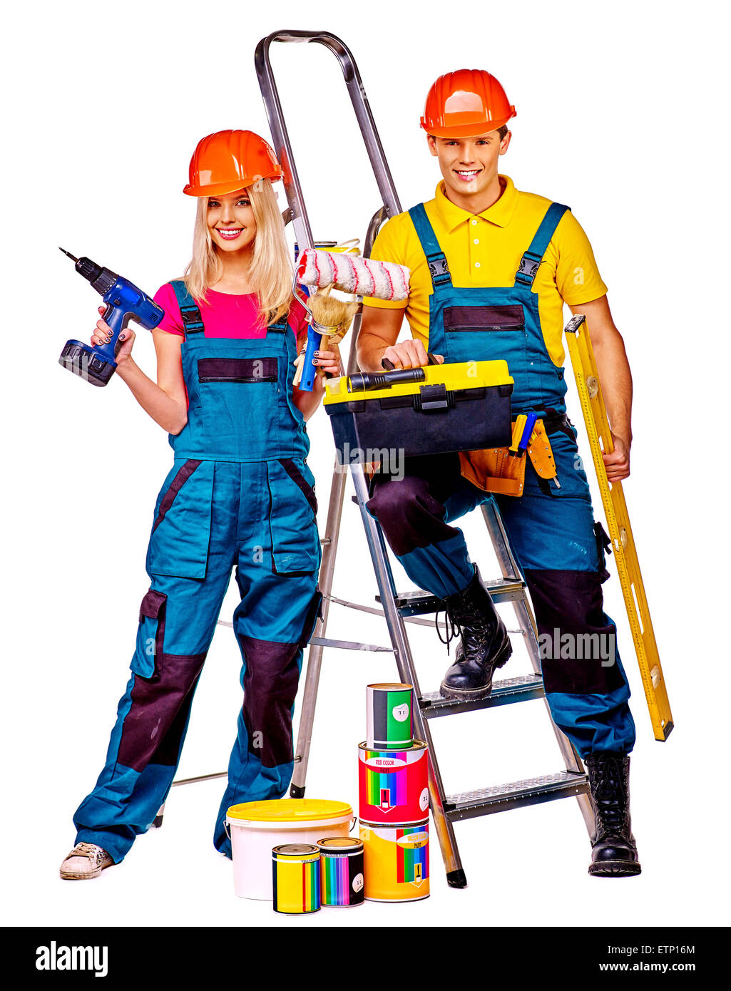 Couple builder with construction tools Stock Photo - Alamy
