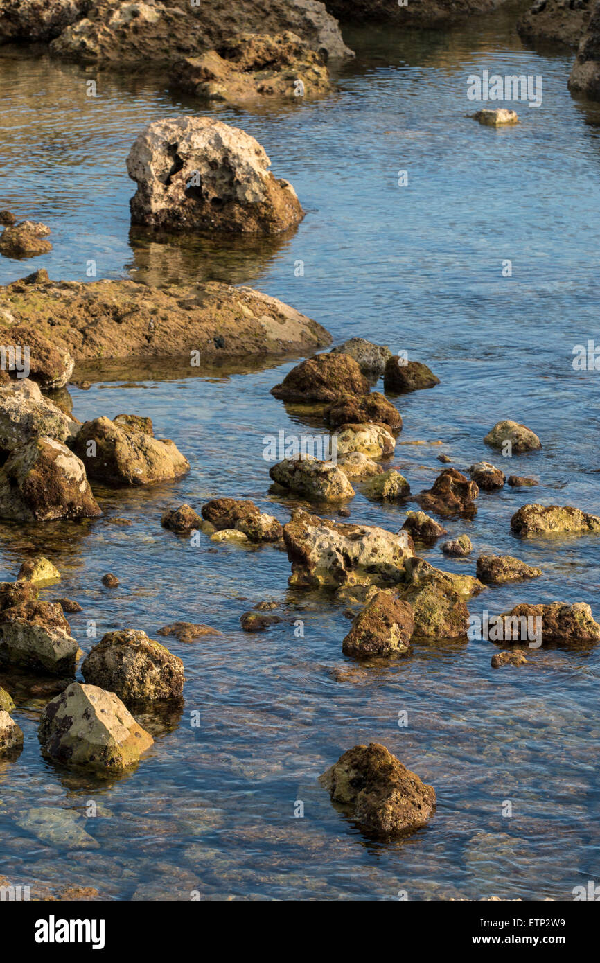 Shoreline view of the ocean water creating pools of water between tides ...
