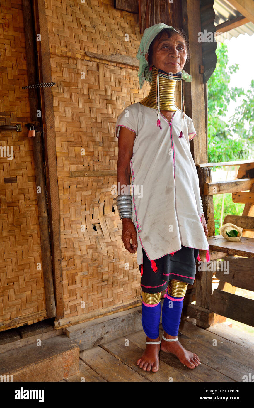 Study of a Long Necked or Giraffe Neck Burmese Padaung woman near Lake ...