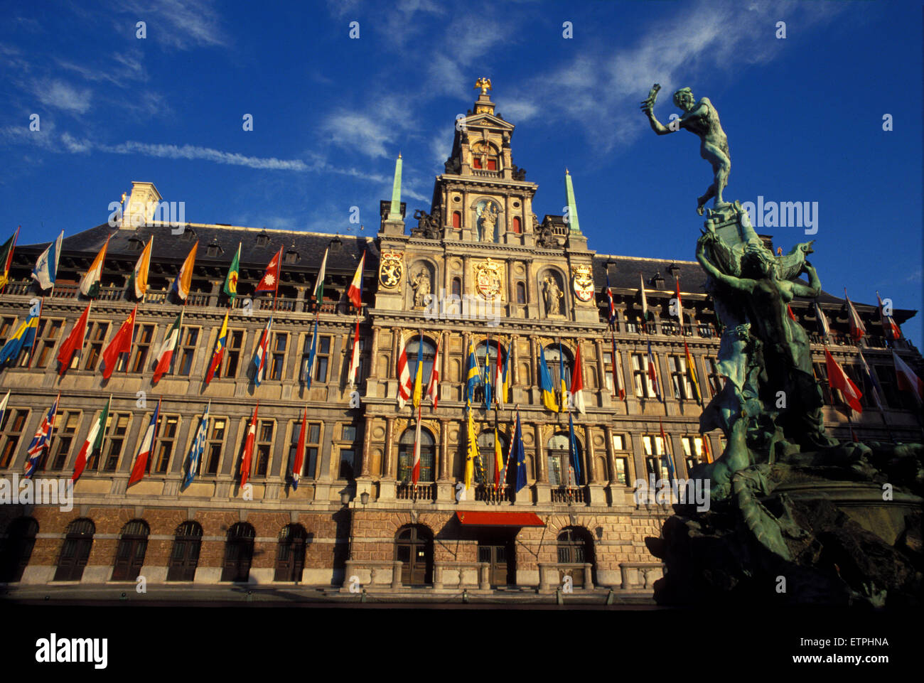 BEL, Belgium, Antwerp, the Brabo fountain in front of the Rathaus at ...
