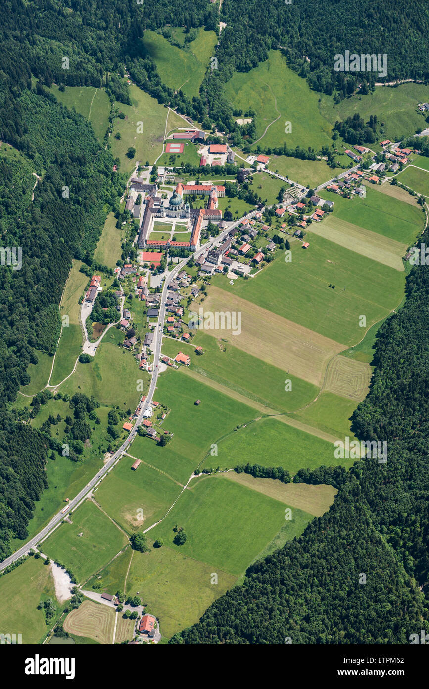 Ettal, Ettal Abbey, Upper Bavaria, Bavaria, aerial view, town center ...
