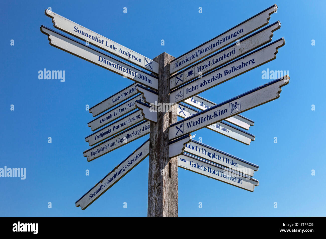 Signpost at island Langeoog, East Frisian island, Lower Saxony, Germany ...