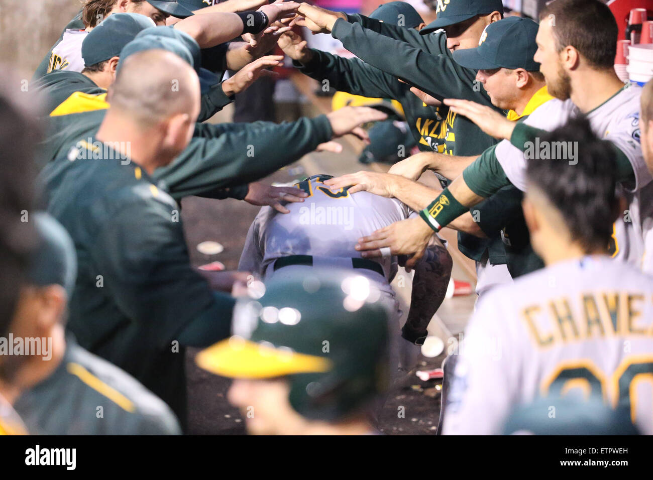 June 12 2015: the Oakland dugout does it's usual home run celebration ...