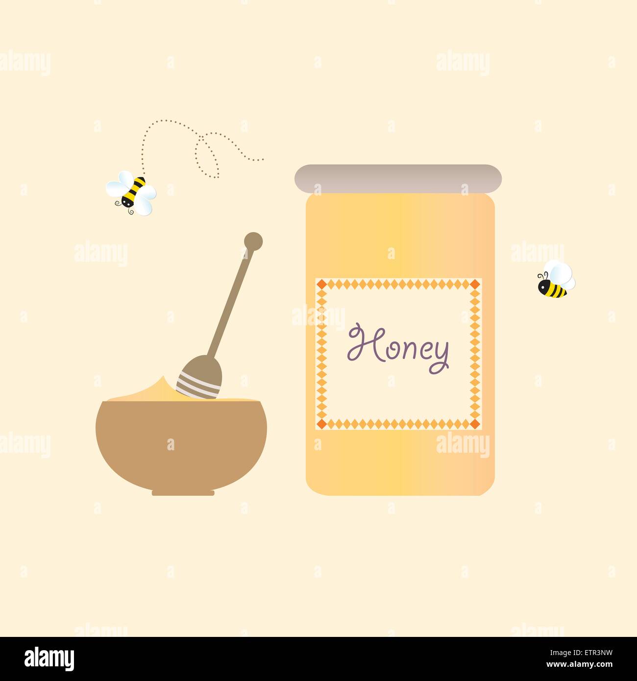 Cartoon Bee Jar Honey Retro Healthy Natural Vector Illustration Stock ...