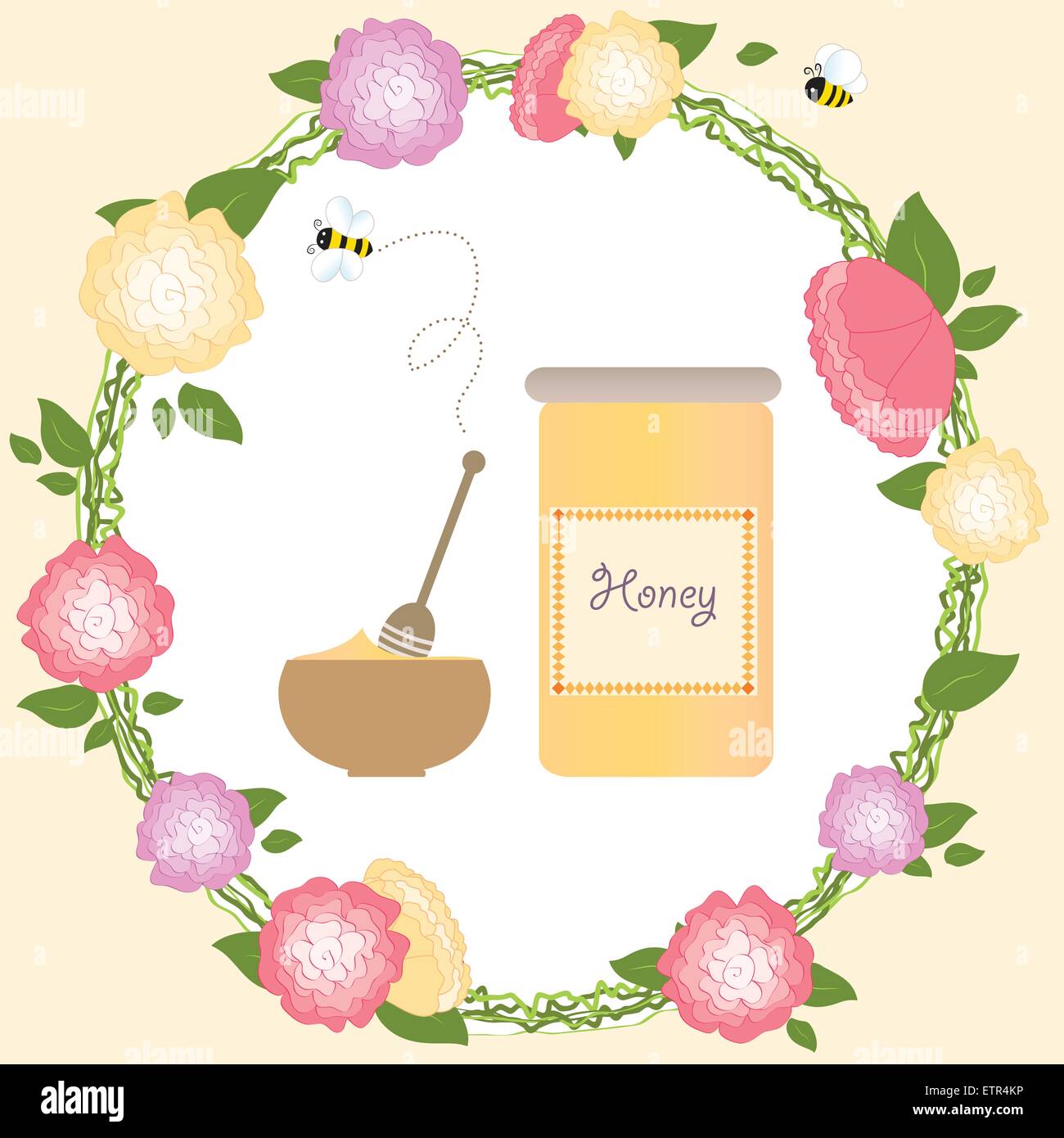 Flower Frame Bio Bee Honey Romantic Roses Wreath Vector Illustration ...