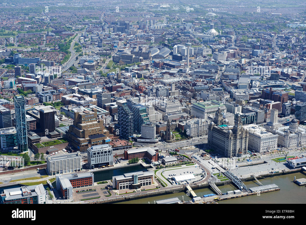 Liverpool Waterfront and city behind, shot from the air, Merseyside ...