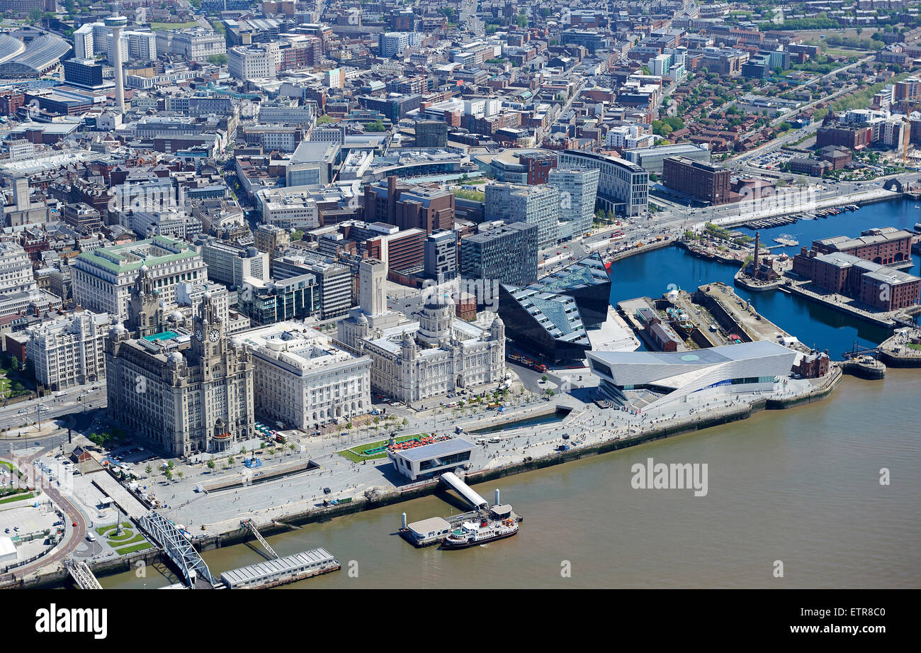 Liverpool Waterfront and city behind, shot from the air, Merseyside ...