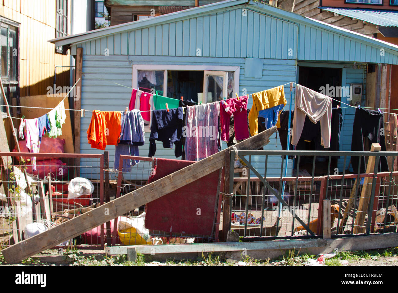 Clothesline in front of little house in Castro, Chile Stock Photo - Alamy