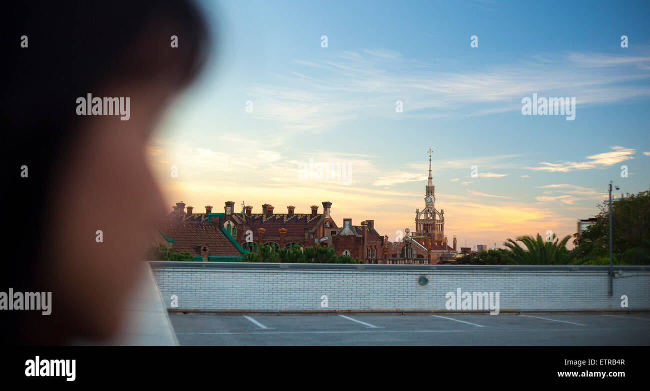 Young woman watching building, Architecture, Barcelona, Spain, Europe ...