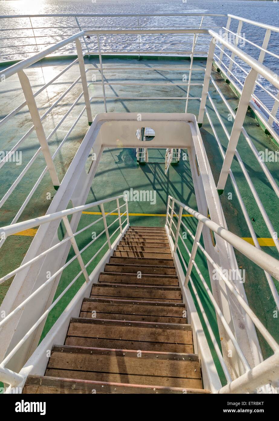 Flights of stairs on board a ship leading down to other decks Stock ...
