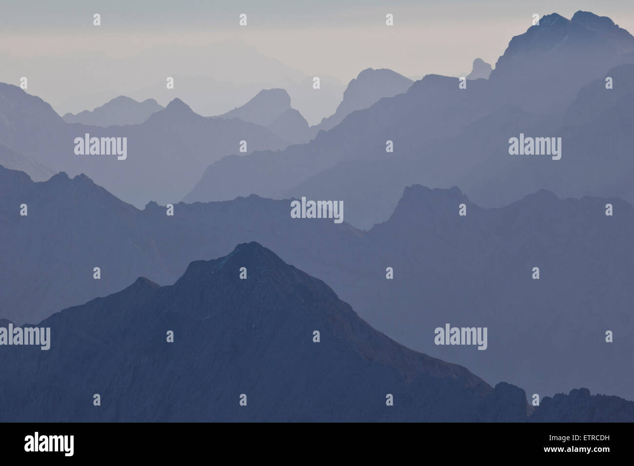 Wettersteingebirge (Wetterstein mountains) and Mieming Range at morning ...