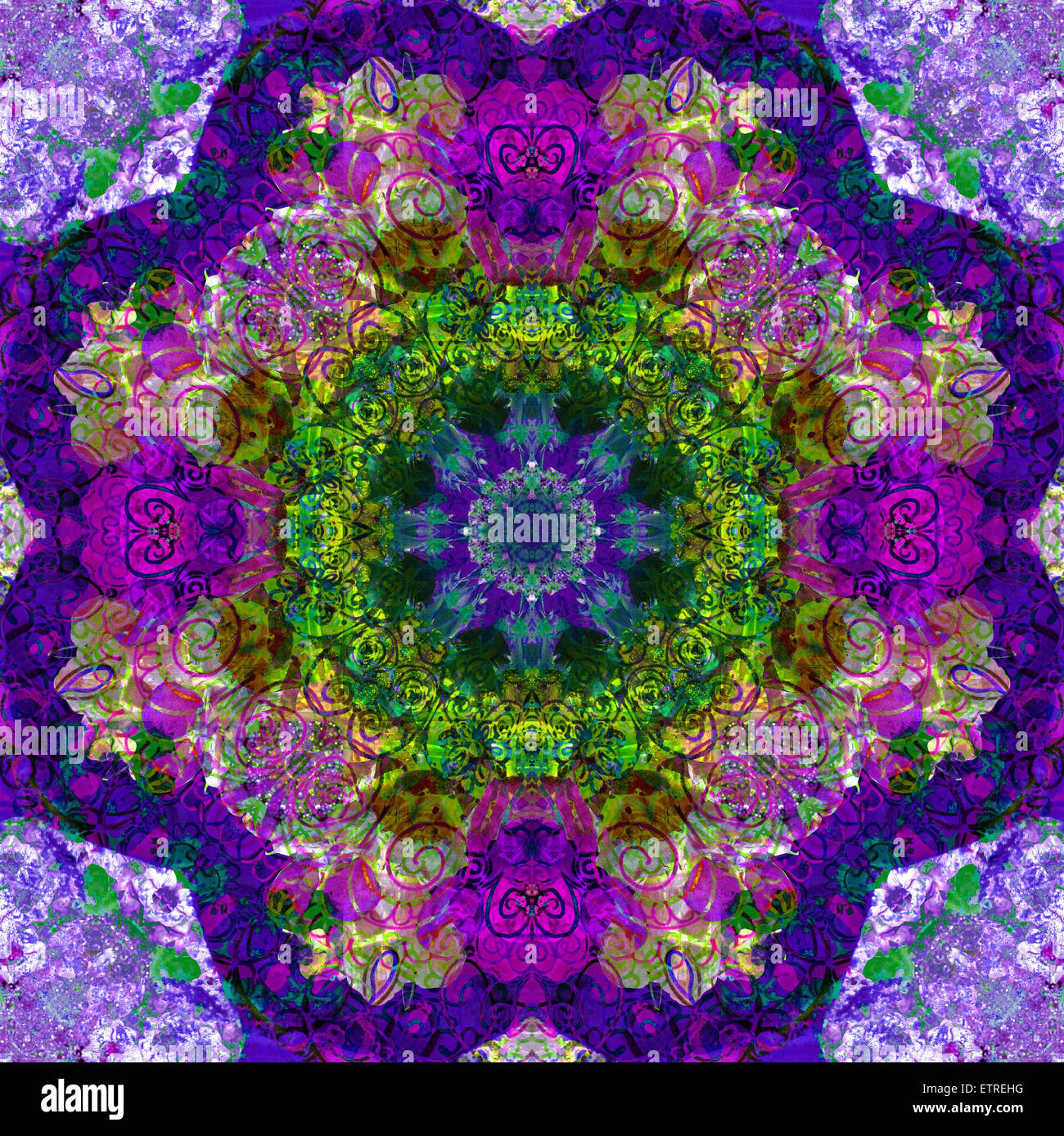 a filigree mandala from color drawing and flower photograph, layered ...