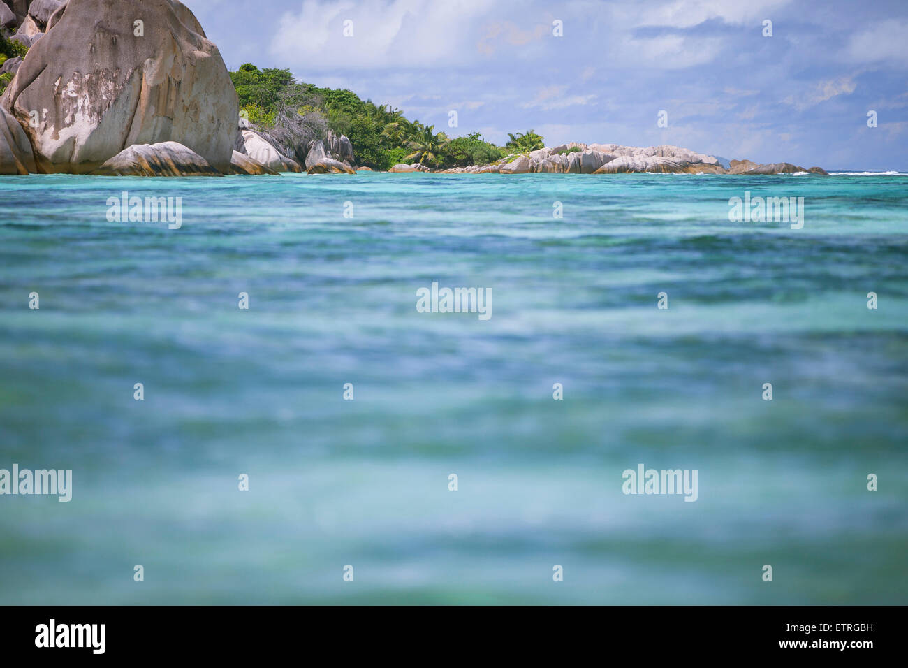 Indian Ocean, Seychelles, waterfront, landscape, shot from water Stock ...