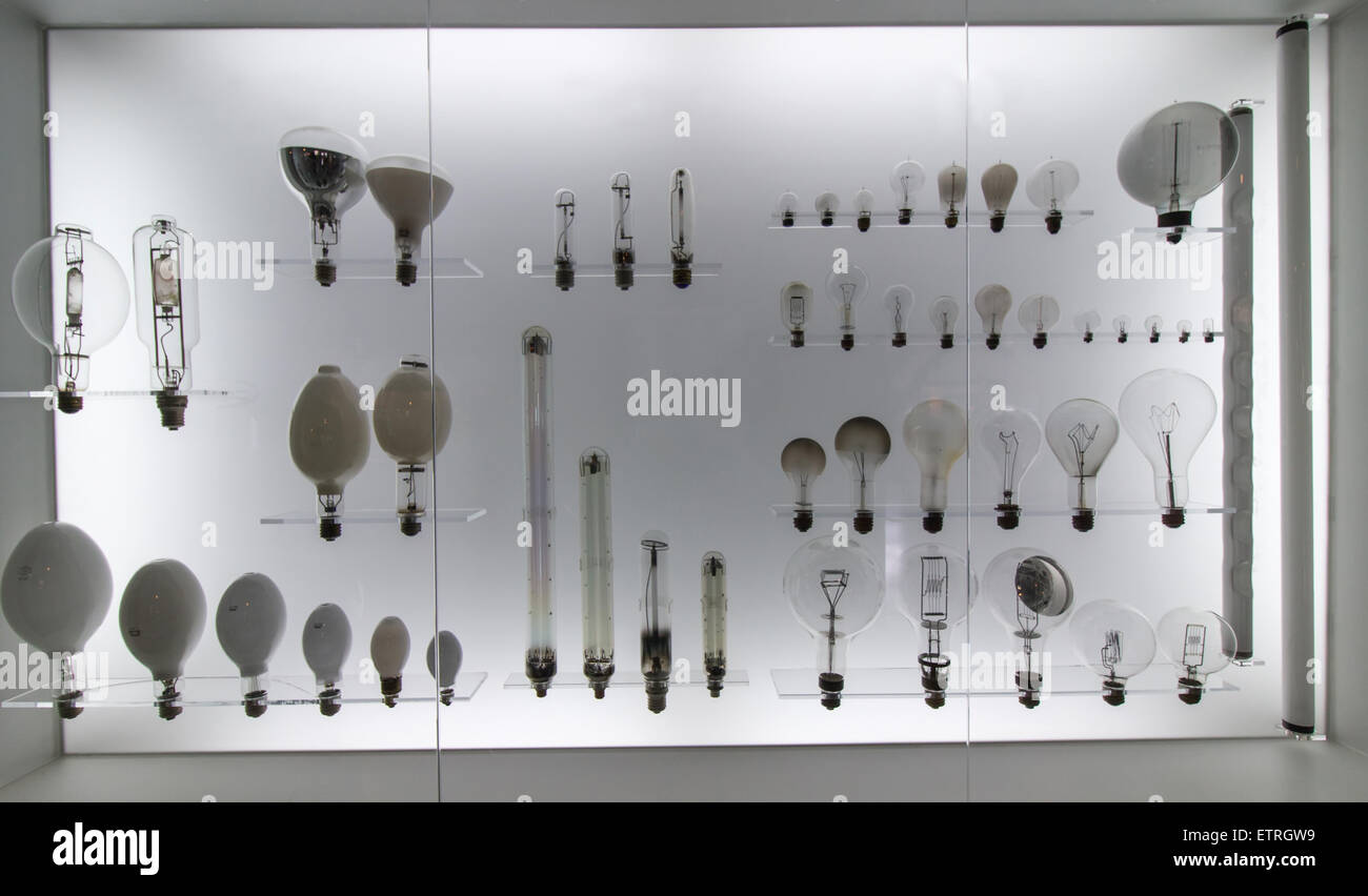 Close up view of lit display on a museum of several electrical lamps ...