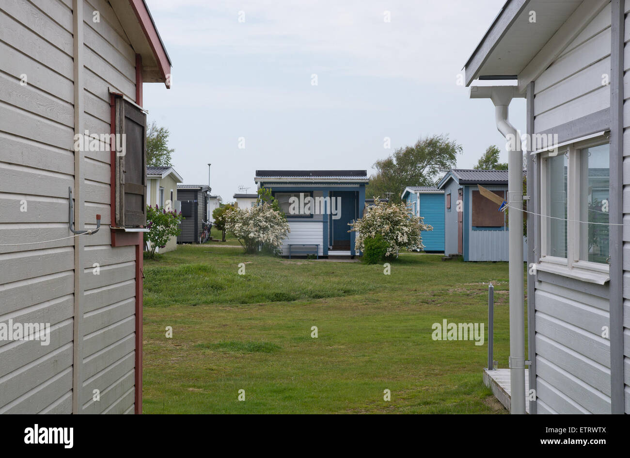 Seaside beach huts in Skrea Strand on June 6, 2015 in Falkenberg ...