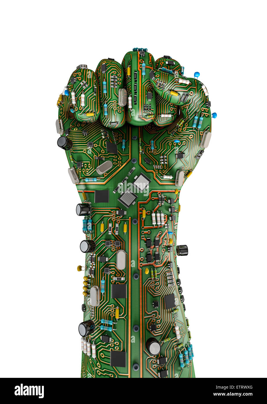 Data fist, 3D render of raised fist made of computer circuit board ...