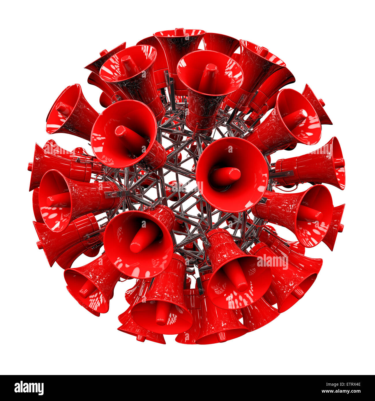 Ball of loud, 3D render of bright red loudspeakers in ball formation ...