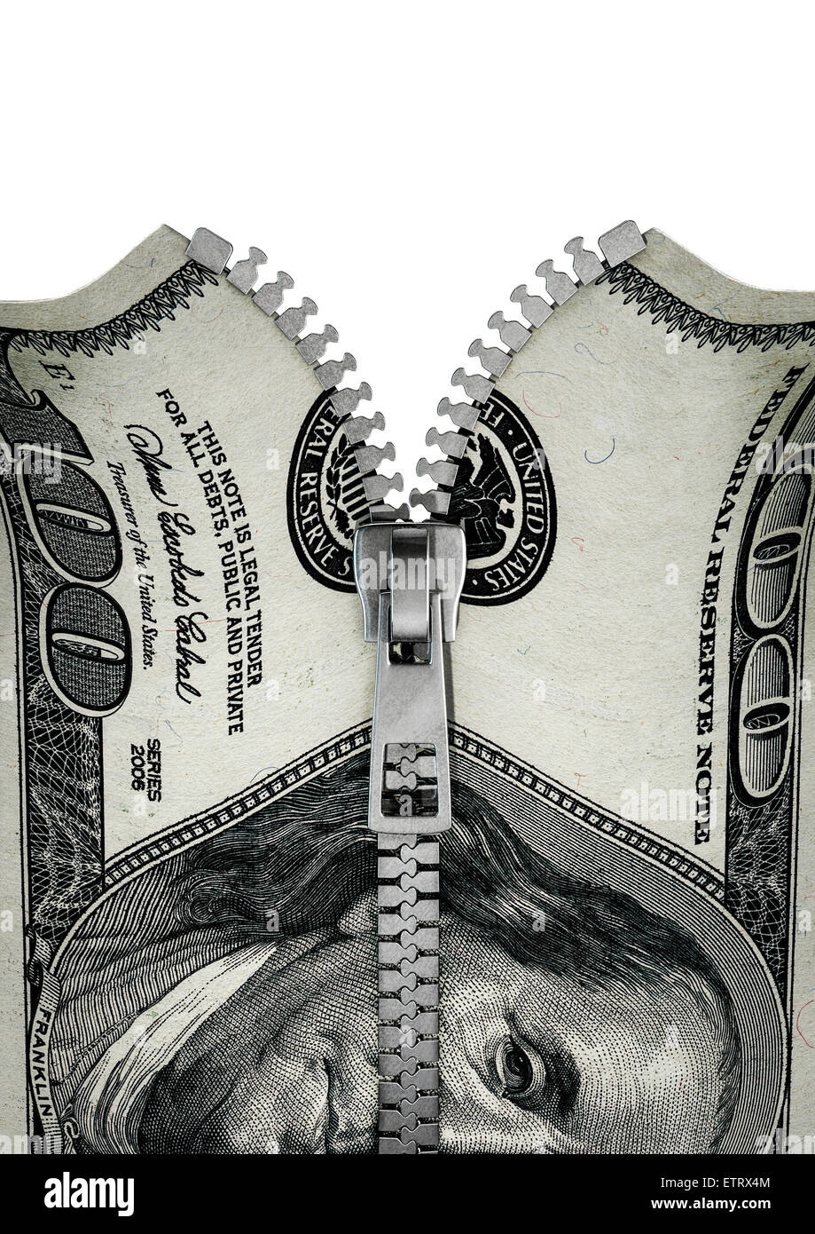 3D render of hundred dollar bill split with zipper Stock Photo - Alamy