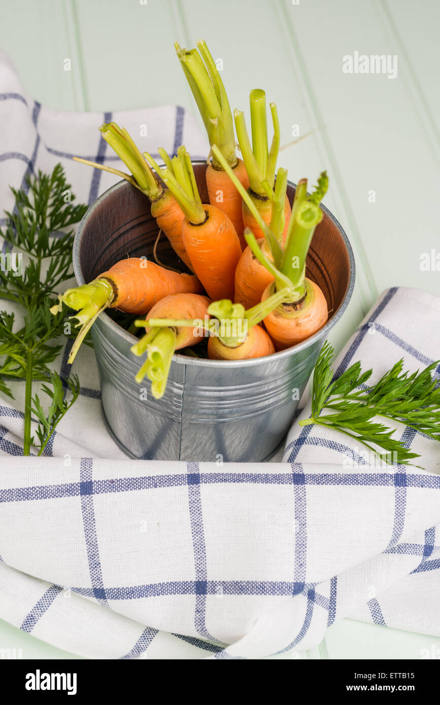Carrots inside metal bucket on the light green wooden table Stock Photo ...