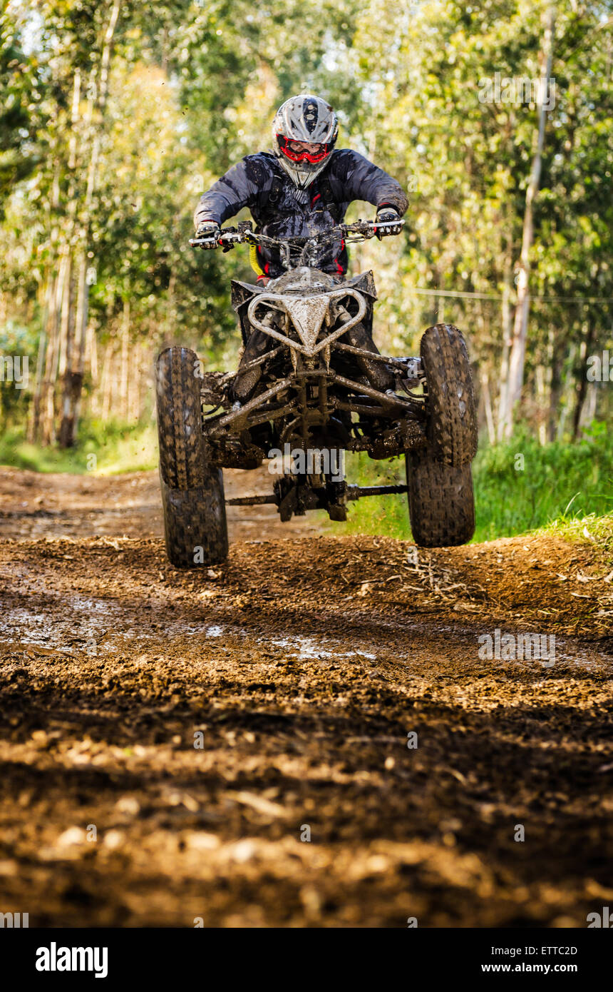 Quad rider jumping on a forest trail Stock Photo - Alamy