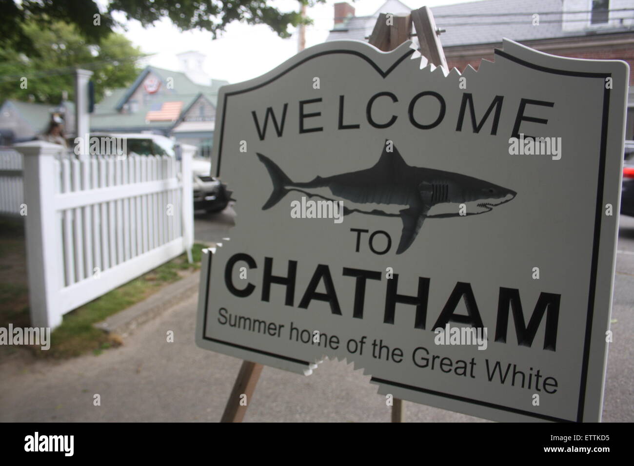 Chatham, USA. 01st June, 2015. A sign with fake bite marks welcomes ...