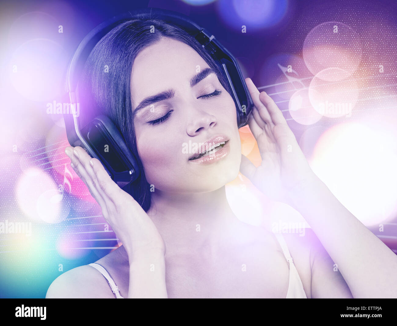 Beauty young girl hearing music with headset, female portrait Stock ...