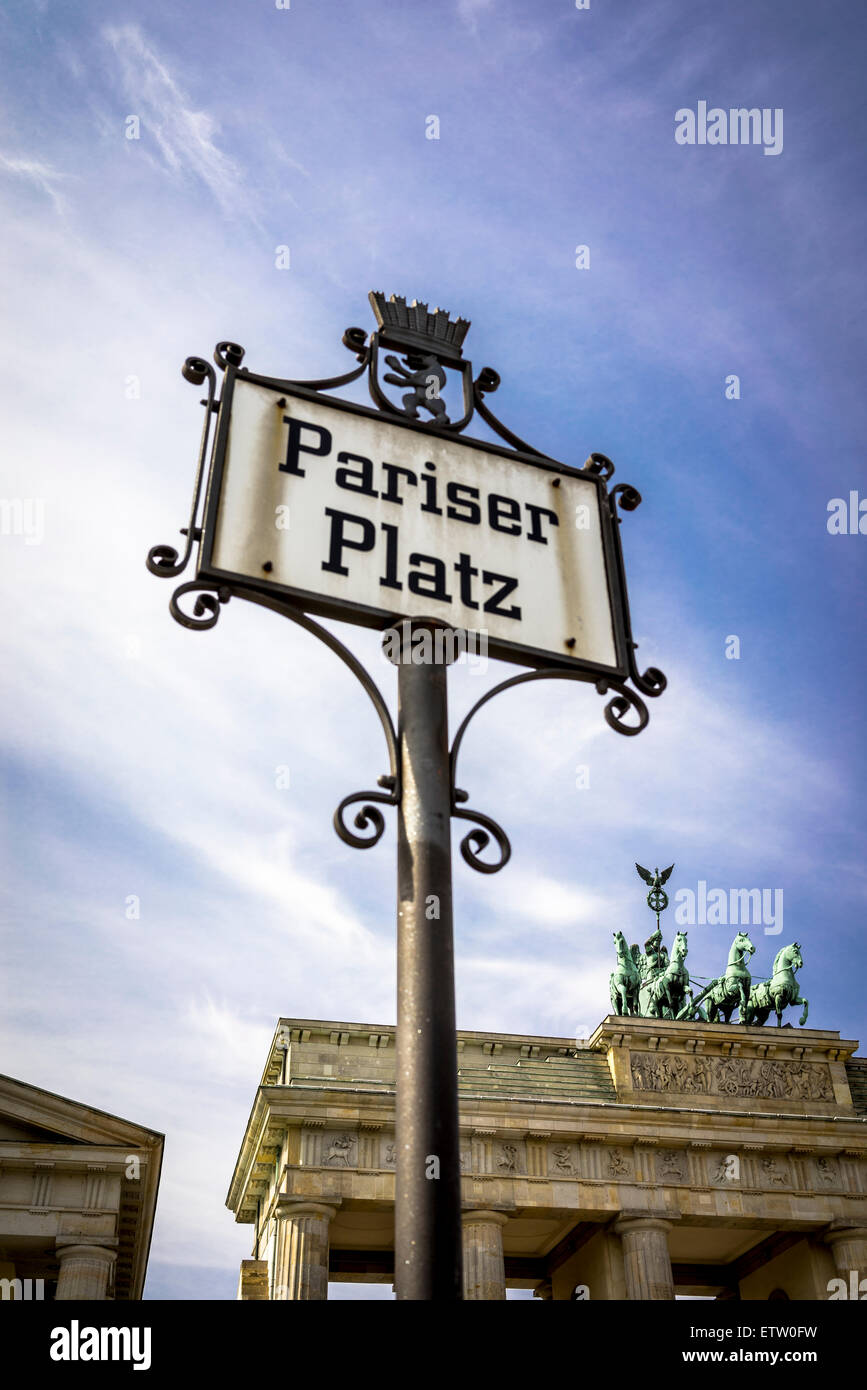 Germany, Berlin, Brandenburg Gate at Pariser Platz, Sign Stock Photo ...