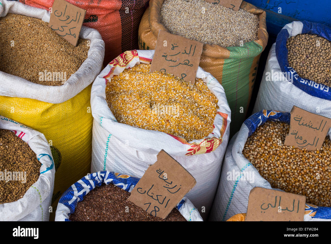 Morocco, Essaouria, sacks of different grains on the market Stock Photo ...