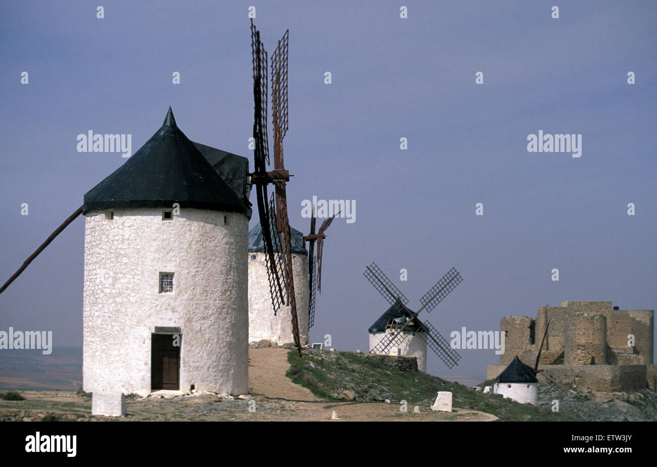 Windmills and the castle of Consuegra, a municipality located in the ...