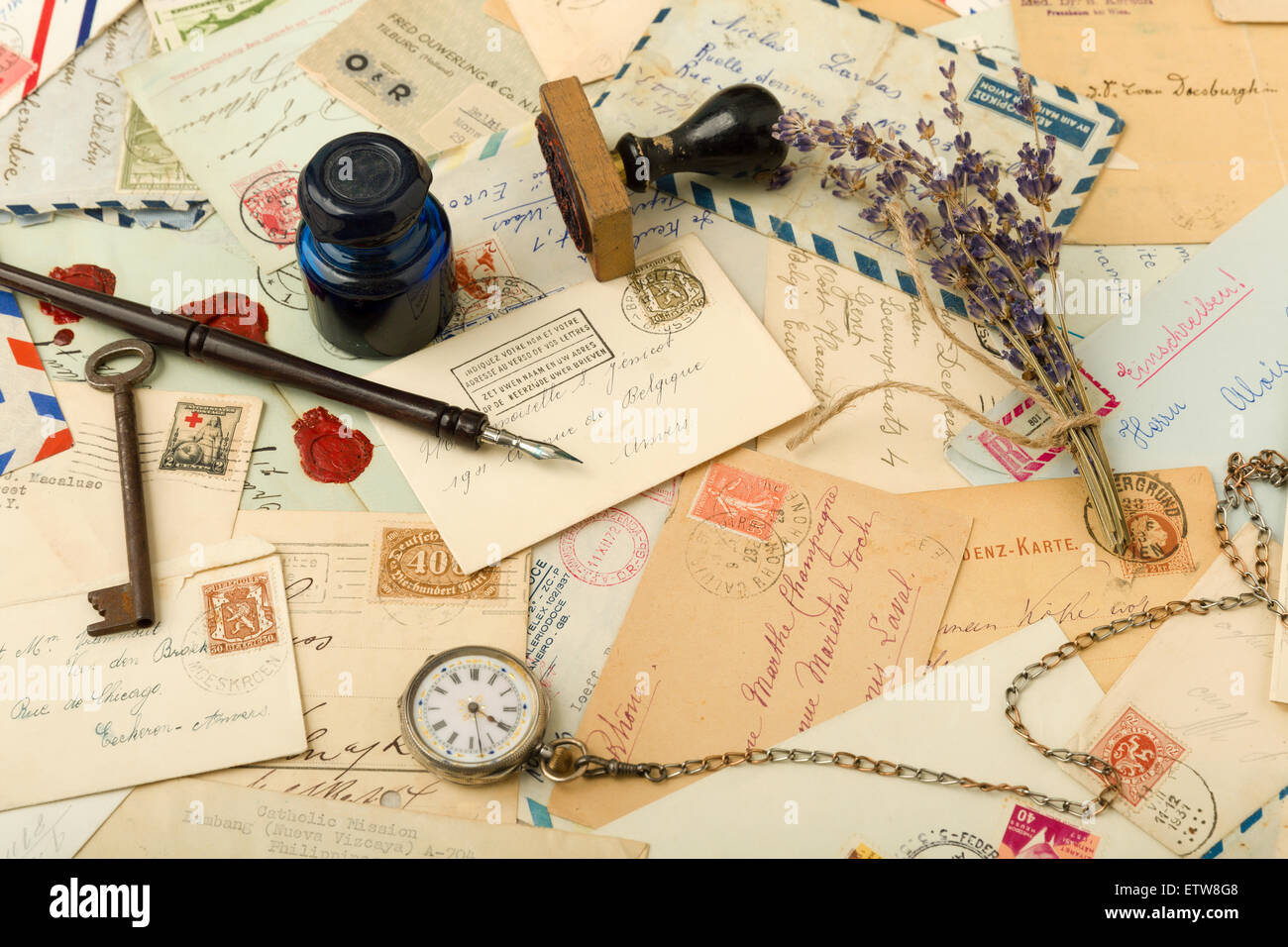 Full page image of old letters and nostalgic objects Stock Photo - Alamy