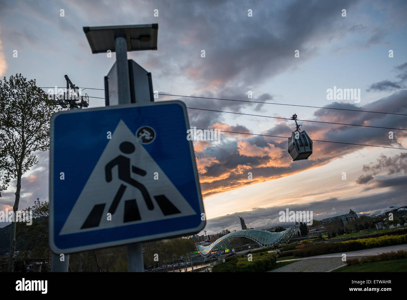 Aerial tramway passing over old part of Tbilisi, capital of Georgia ...
