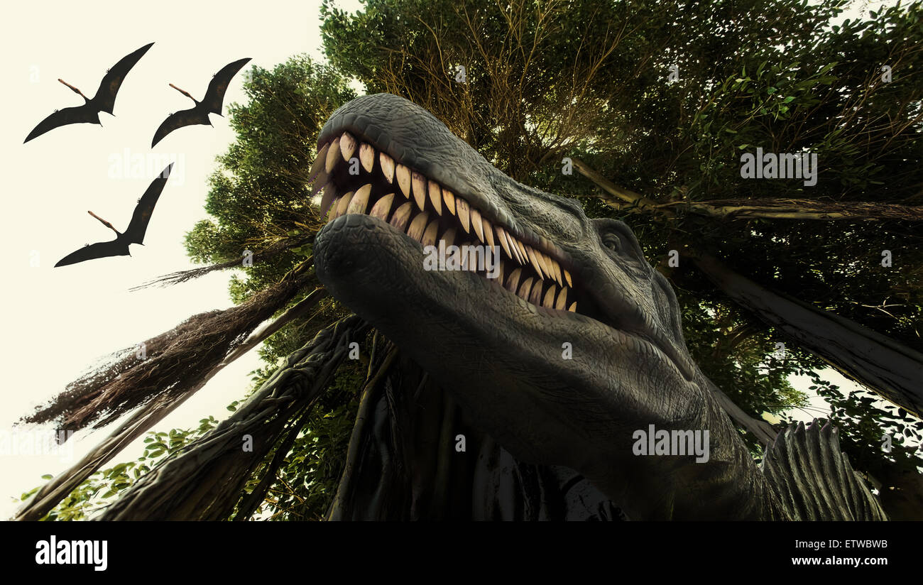 ancient extinct dinosaur tyrannosaurus on a background of plants Stock ...