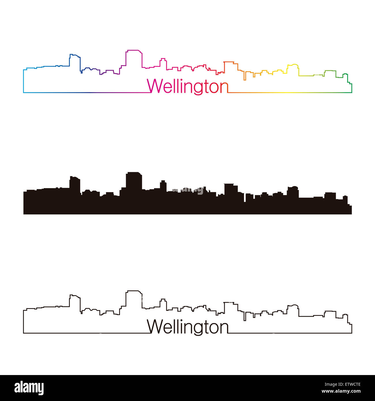 Wellington skyline linear style with rainbow in editable vector file ...