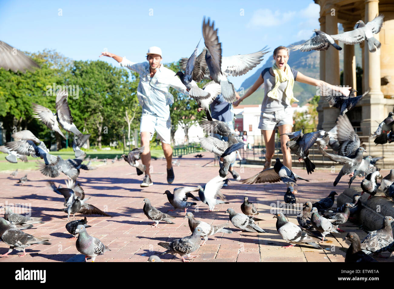 Enthusiastic young couple chasing pigeons Stock Photo - Alamy