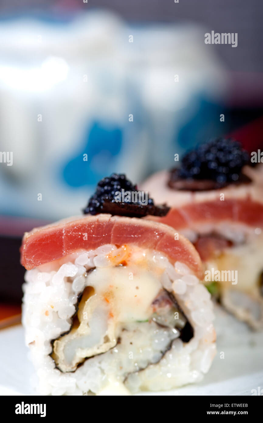 macro closeup of fresh sushi choice combination assortment selection ...