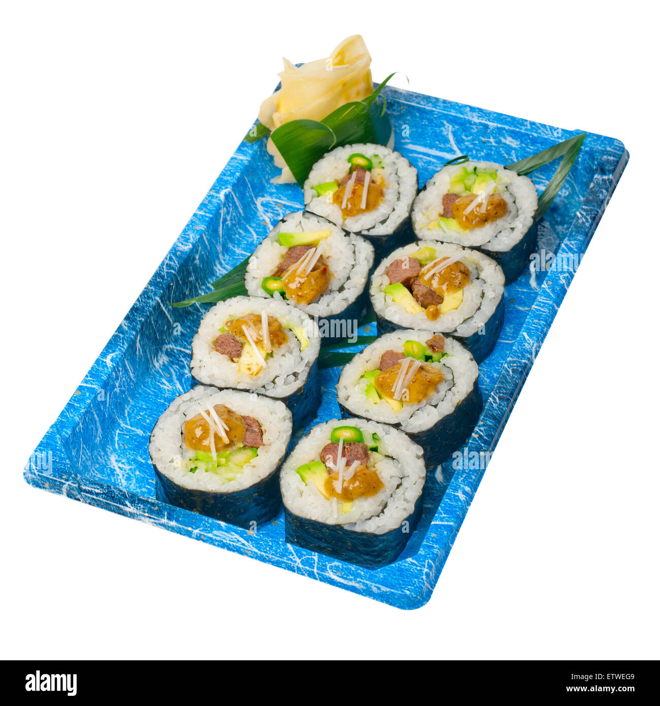 take away selection of fresh sushi express on plastic tray Stock Photo ...