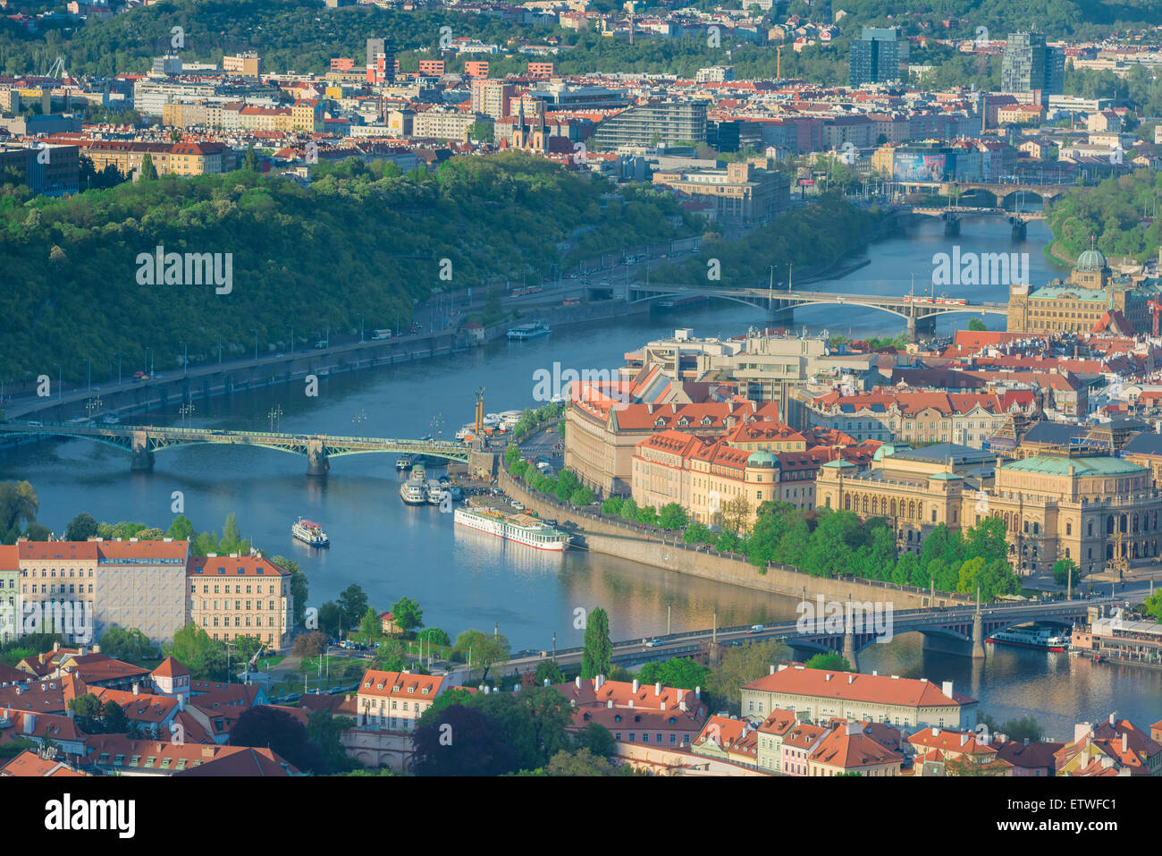 Prague River Vltava, aerial view of the the River Vltava dividing the ...