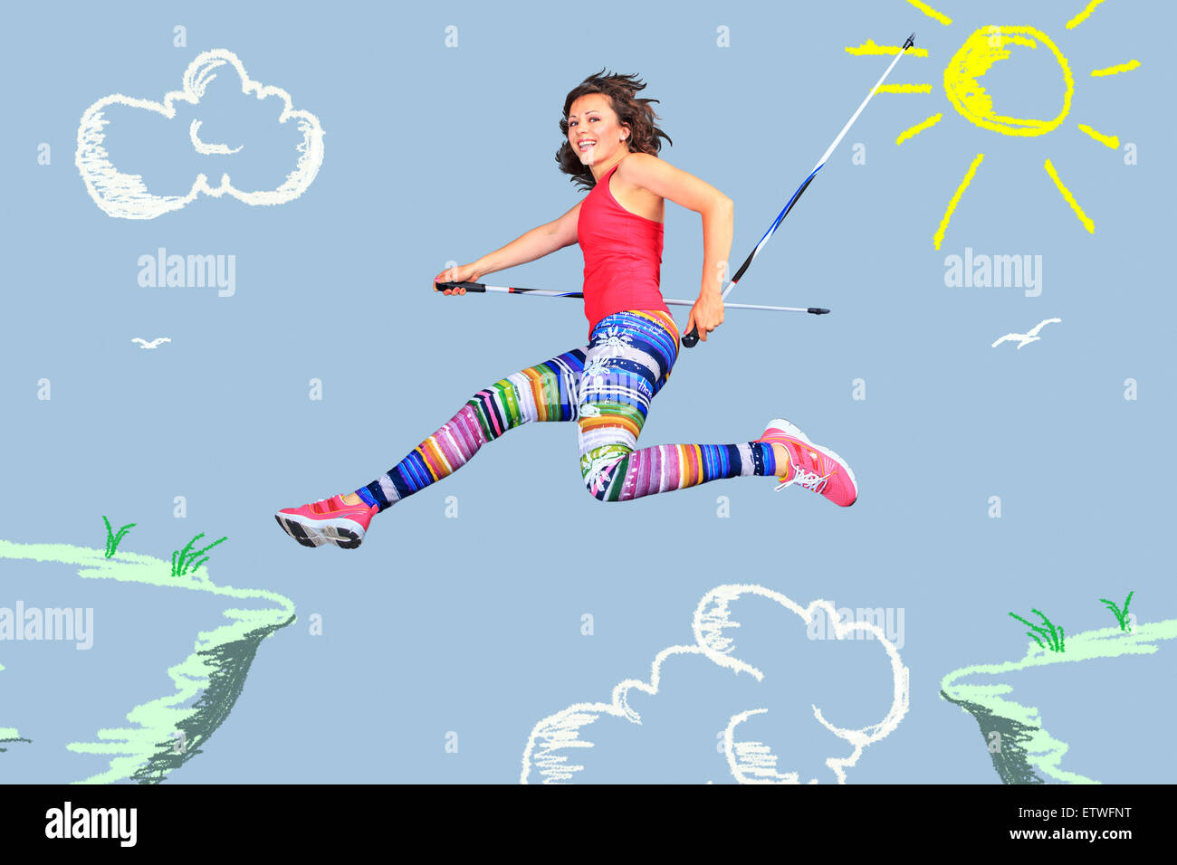 woman running in the mountains in unrealistic cartoon style Stock Photo ...
