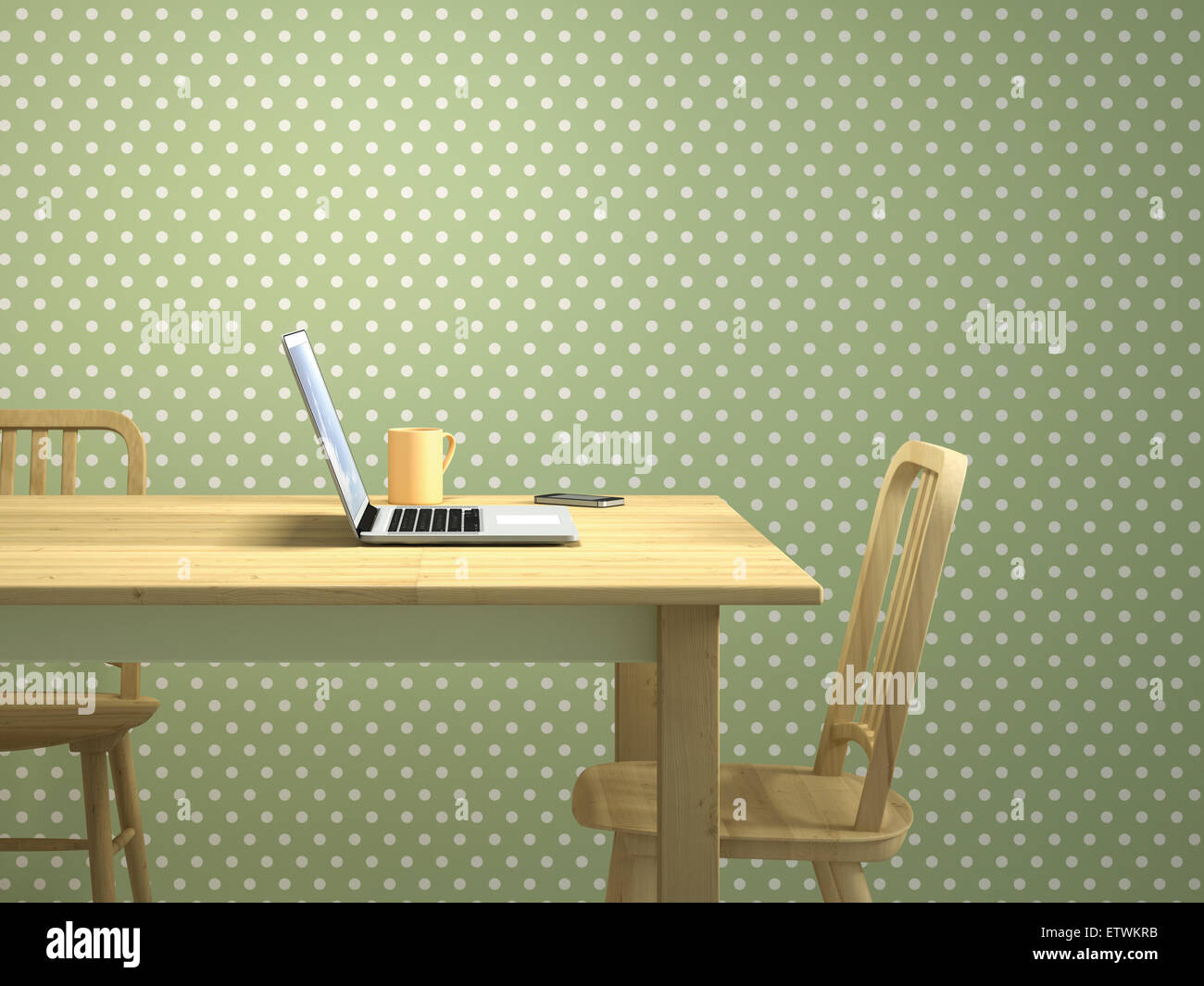 Laptop on wooden table, 3d rendering Stock Photo - Alamy